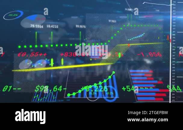 Animation of data processing and diagram over black background. digital interface and data ...