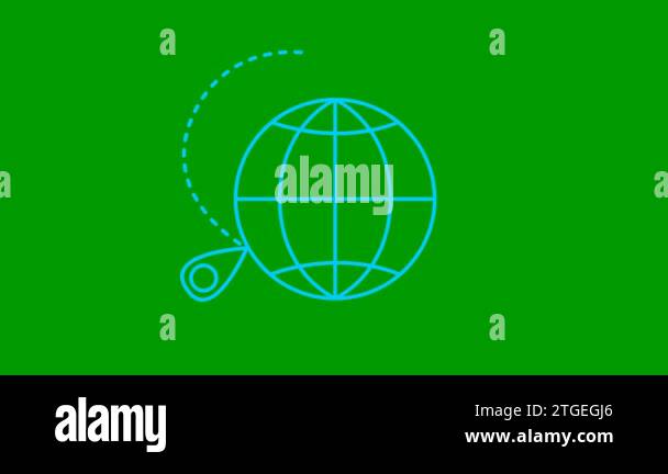 Animated the blue plane flies on a trajectory around the planet Earth ...