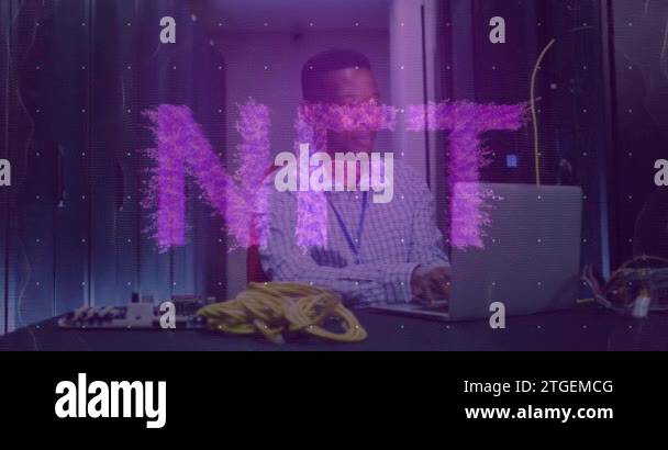 Animation of nft text and data processing over african american male it ...