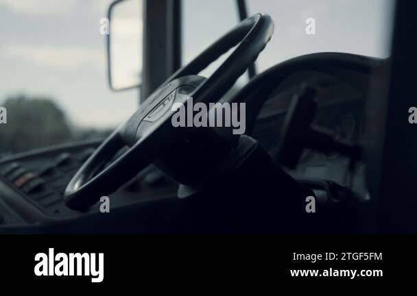 School bus black helm without chauffeur close up. View of handlebar on ...