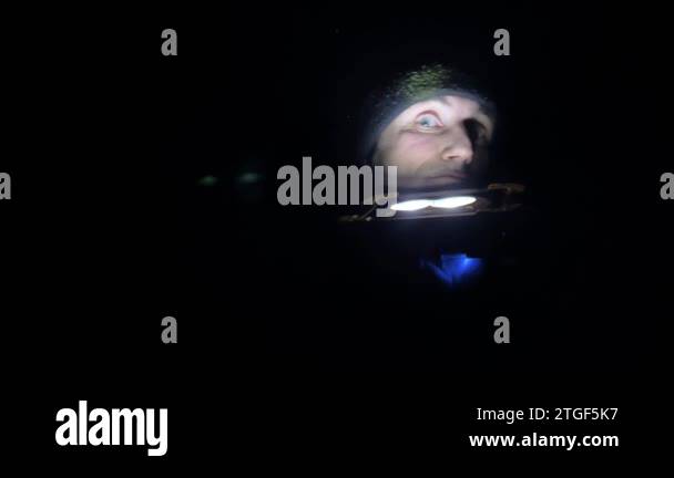 Man With Illuminated Flashlight Looking Away In Darkroom face with a ...