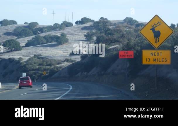 Deer crossing warning yellow sign, California USA. Wild animals xing ...