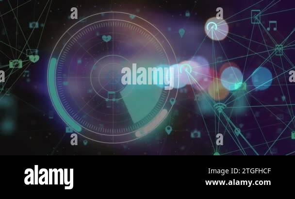 Animation of blurred traffic lights over processing circle, connections ...