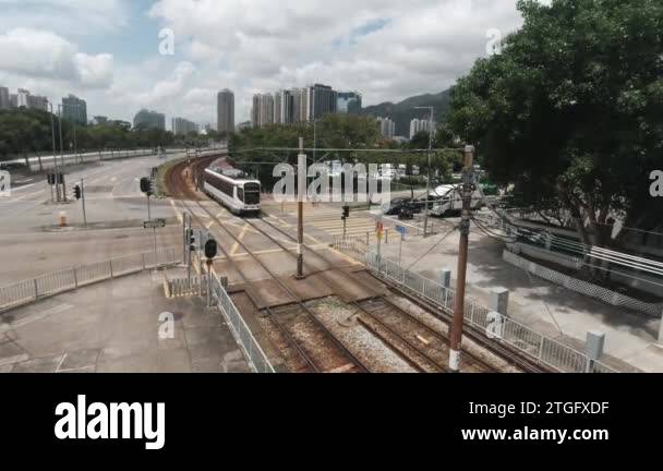 An aerial view of light train. Light rail system operated by MTR ...