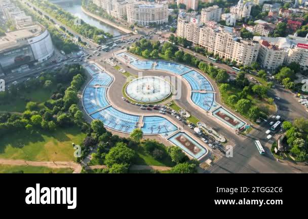 BUCHAREST, ROMANIA - MAY, 2022: Aerial drone view of the city downtown ...