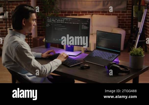 Male System Hacker Coding Security Program On Pc Software Programming Firewall Data On