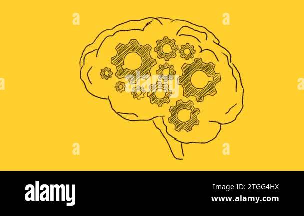 Human brain with cogwheels hand drawn in yellow background. Artificial ...