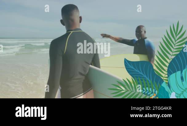 Animation of leaves over african american male surfers talking on beach ...