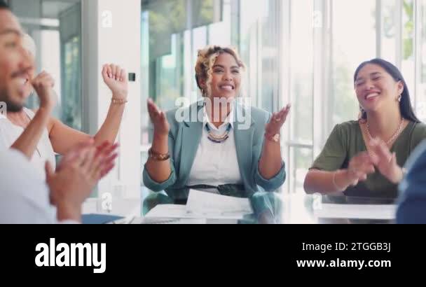 Clapping hands, celebrate and business people in meeting for success in ...