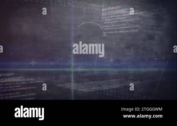 Animation of digital data interface and question mark over dark ...