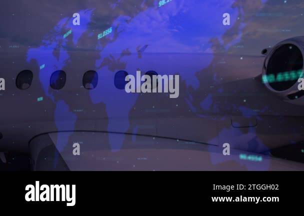 Animation of data processing with numbers processing over world map and plane. Global ...