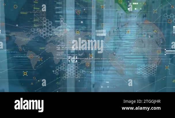 Animation of scope scanning with 5g over data processing with globe and server room. Global ...