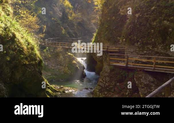Stunning scenic overview of Vintgar gorge with river and wooden path in ...