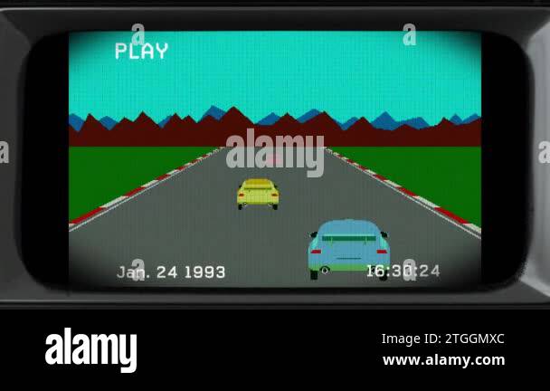 Animation of play digital interface over screen with car race game in ...