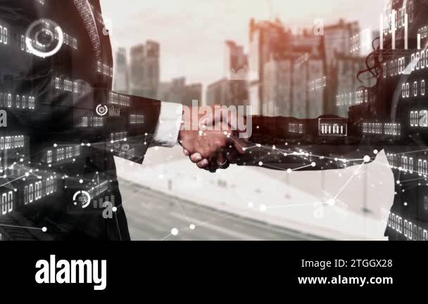 Conceptual business handshake with dashboard for financial data ...