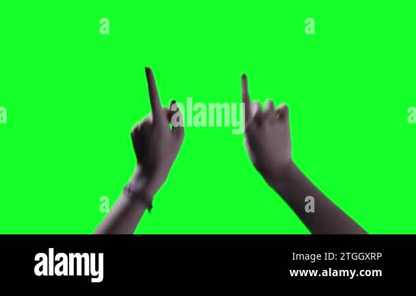 Woman Raising Hands Against Green Screen. Close Up. You can replace ...