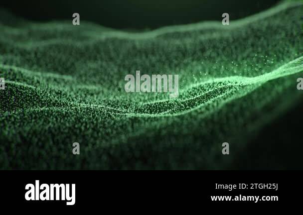 Moving flow green color particles flashing micro units grainy sands on space background ...