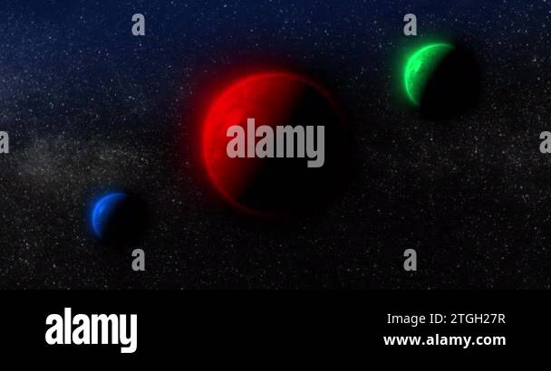 Animation of red, green and blue planets in black space. Astronomy ...