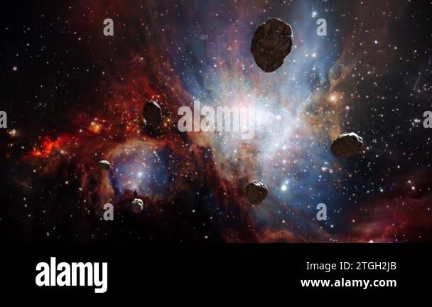 Space scence abstract space rocks in orion nebula galaxy space . 4K looping animation of flying ...