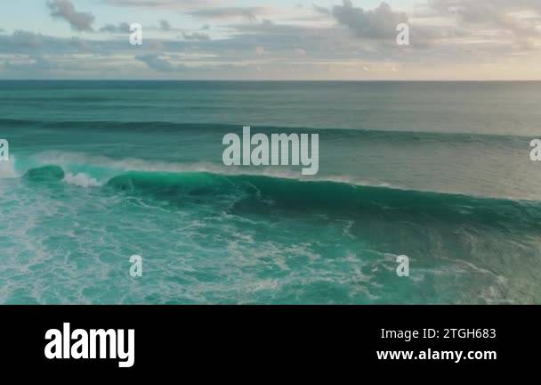 Vitality of blue energy ocean water. Powerful stormy sea waves aerial view perspective. Crashing ...