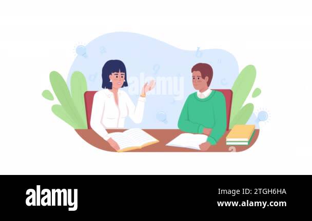 Animated English class concept. Looped 2D cartoon flat characters on ...