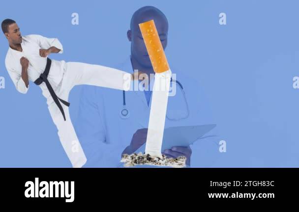 Animation of african american male karate fighter kicking cigarette ...