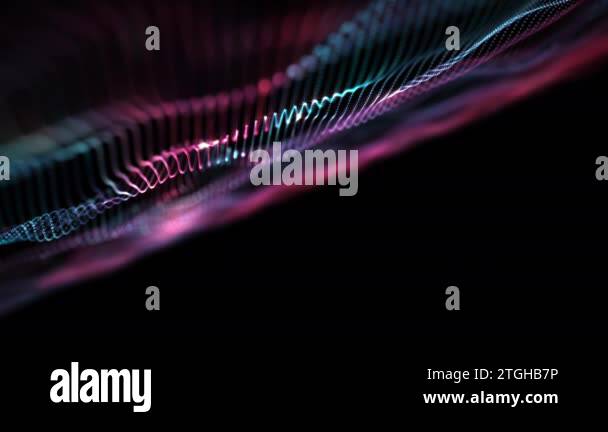 Abstract glowing blue red digital sparkling wave particles flow ...