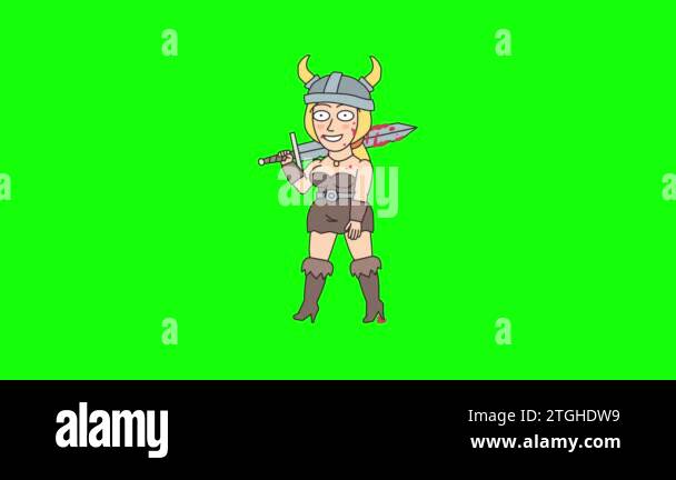 Viking woman holding bloody sword and walking. Green background. Alpha ...