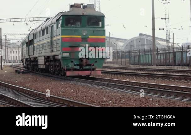 Railway locomotive. Front view. Old soviet diesel vehicle. Front view ...