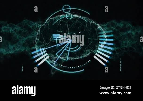 Animation of scope scanning and data processing over digital brain on black background. light ...