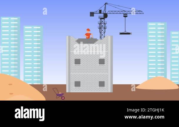 Building workers construct buildings with brick blocks and cement 4K ...