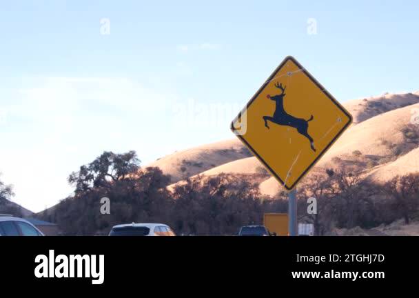Deer crossing warning yellow sign, California USA. Wild animals xing ...