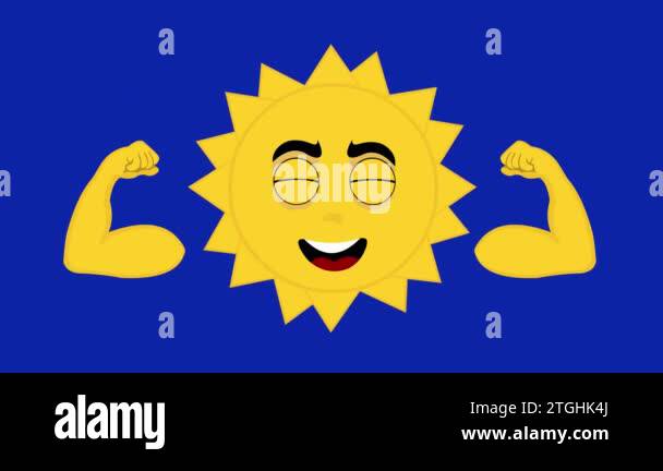 Loop animation of a cartoon sun character, flexing his arms and ...