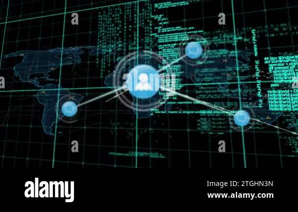 Animation Of Connected Icons And Programming Language On Map Against Black Background Digitally