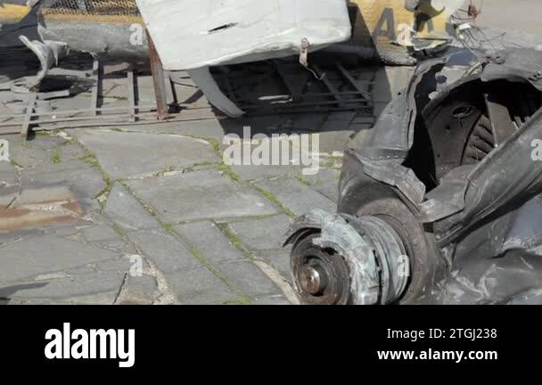 Detail of a burned out helicopter. Remains of a destroyed Russian Air ...