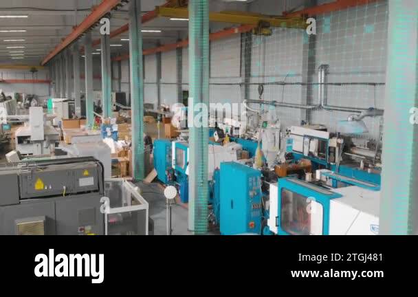 Workshop of a modern factory. Flight through the workshop of a modern ...