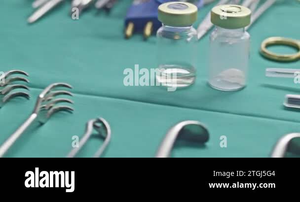 Set of surgical instruments. Tweezers, scalpels, saws, amputation ...