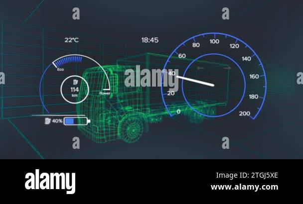 Animation of speedometer over electric truck project on navy background ...
