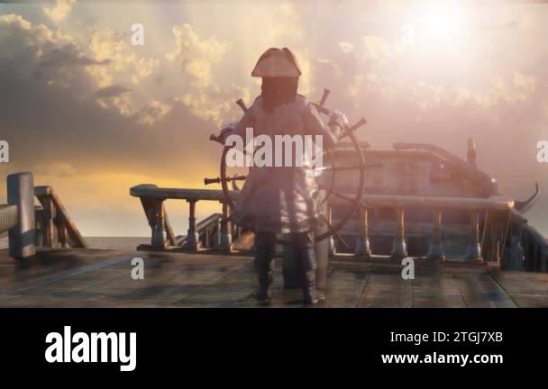 the pirate captain discoverer holds the ship's steering wheel and sails ...