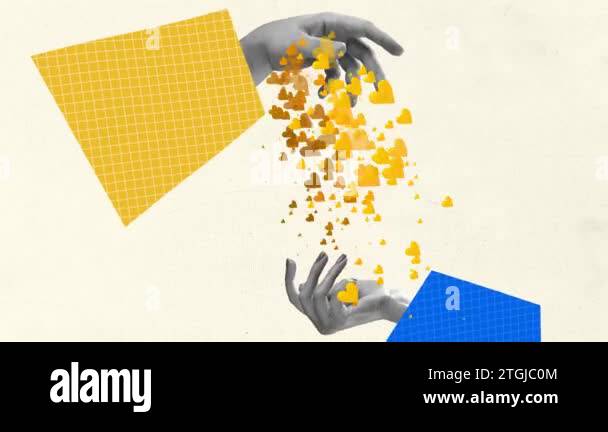 Stop motion, animation. Male and female hands with golden hearts ...