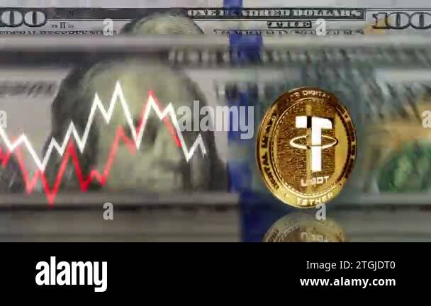 Tether USDT stablecoin cryptocurrency golden coin over 100 Dollar ...