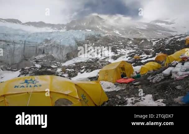 Climbing route for the Lhotse Expedition. Base camp showing snow-capped ...