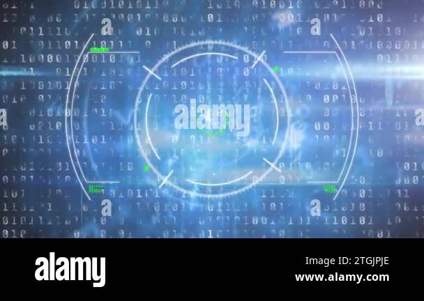 Animation of viewfinder and binary code on navy background with lights ...