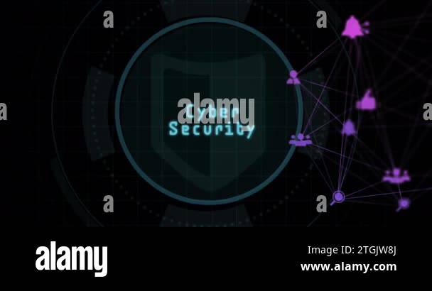 Cyber Security Text Over A Round Scanner And Globe Of Digital Icons Against Black Background