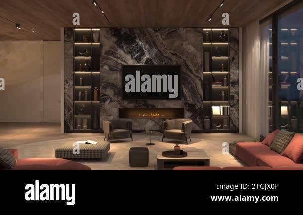 4K 3d rendering illustration video. Modern luxury interior design ...