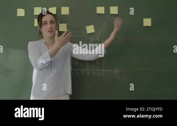 Female teacher standing in front of blackboard with pasted notes and ...