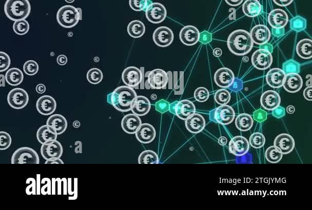 Animation of euros blinking on black background with icons and ...