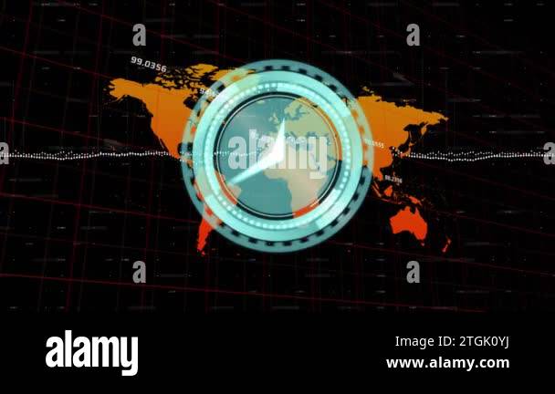 Neon ticking clock and multiple changing numbers floating over world map against black ...