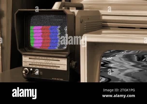 Old TV Monitor Turning On Green Screen with Color Bars. Close Up. Sepia ...