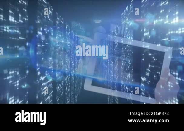 Animation of data processing and hand holding tablet in navy digital ...